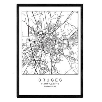 Nacnic Karte der Stadt der Stadt Br&uuml;gge Nordic Style in Schwarzwei&szlig;. Poster A3 Gr&ouml;&szlig;e mit schwarzem Rahmen gedruckt Papier 250 gr. Bilder, Bettw&auml;sche und Post