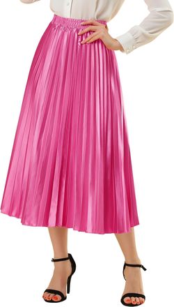 Allegra K Damen Party Elastische Taille Metallic Gl&auml;nzend Akkordeon Plissee Midi Rock, Rosenrot, Mittel