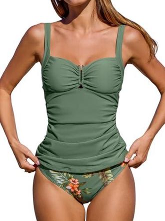 Cupshe Ensemble tankini deux pièces pour femme - Taille haute - Col en coeur - Découpes en U sur le devant - Bretelles réglables, Vert olive/floral, Taille S