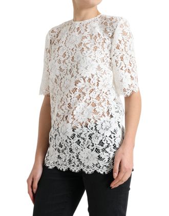 Dolce & Gabbana Womens White Floral Lace Cotton Round Neck Blouse Top Viscose Nylon