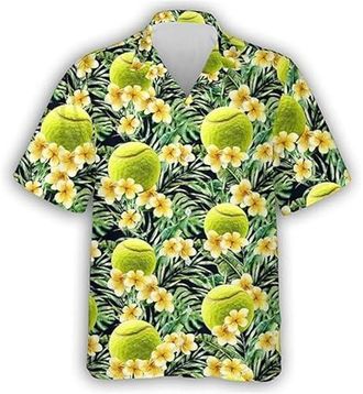 Keephen Joueur de Tennis Chemises Hawaiiennes Impression 3D Balle de Tennis Chemise &agrave; Boutons pour Femmes Hommes Manches Courtes Plage Chemise Aloha