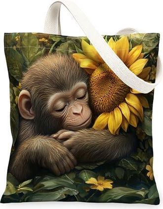 Generic Sac fourre-tout en toile de singe printanier pour le shopping, 33 x 38,1 cm, sac d&eacute;picerie r&eacute;utilisable pour femme, motif floral, ferme, plage, esth&eacute;t