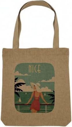 Fabulous Sac Shopping Tote Bag Aspect Lin - Nice Promenade des Anglais Mer Soleil Voyage - Sac de Courses Toile Epaisse 360g Beige Naturel Cabas Port&eacute; Epaule S