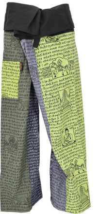 Guru Shop Thai Fischerhose aus Fester Baumwolle, Patchwork Wickelhose, Yogahose, Unigr&ouml;&szlig;e - Gr&uuml;n/bunt, Herren/Damen