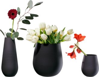 Villeroy & Boch Manufacture Collier Noir Vasen-Set Carré 3-teilig, Tischvasen mit moderner Eyecatcher-Optik, 14 cm I 23 cm I 26 cm, Premium Porzellan, Schwarz