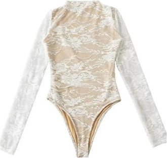 Generic YUJIEBB Body &eacute;l&eacute;gant &agrave; manches longues en dentelle noire pour femme, 1529 Beige, L