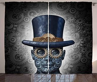 Abakuhaus Steampunk Rideaux, M&eacute;canique T&ecirc;te Humaine, D&eacute;coration Int&eacute;rieure Accent Lot de 2 Panneaux, 280 x 175 cm, Noir Bleu