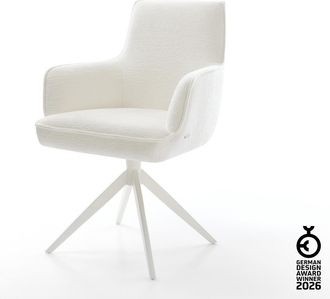 DELIFE Drehstuhl Heira-Flex mit Armlehnen Boucl&eacute; Soft Beige Kreuzgestell breit Wei&szlig; 360&deg; drehbar Wippfunktion Taschenfederkern, Esszimmerst&uuml;hle