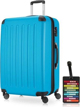 HAUPTSTADTKOFFER Spree - Hartschalenkoffer Rollkoffer + Kofferanhänger, erweiterbarer Reisekoffer, 4 Rollen, TSA, 75 cm, 119 Liter, Cyanblau