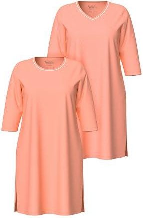 Ulla Popken Femme Grandes Tailles Lot de 2 T-Shirts de Nuit &agrave; Manches 3/4, col en V/col Rond Corail 46+ 822771501-46+