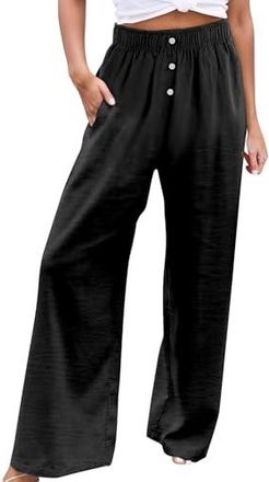 Generic Pantalon en coton et lin pour femme - Jambe large - Pantalon de plage d&eacute;t&eacute; pour femme - Confortable - Pantalon de yoga Palazzo XIYU26038, Noir, 4XL