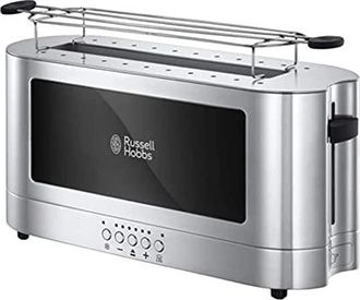 Russell Hobbs Toaster [Langschlitz f&uuml;r 2 Scheiben / 1 breite Brotscheibe] Elegance Glas/Edelstahl (extra breiter Toastschlitz, inkl Br&ouml;tchenaufsatz,6 Br&auml;unungsstufe