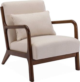 Sweeek Sweeek - Fauteuil tissu beige. pieds bois dhévéa teinté noyer. 1 place droit fixe. pieds compas scandinave. structure en bois solide