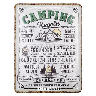 Nostalgic Art Retro Blechschild, 15 x 20 cm, Camping-Regeln - Geschenk-Idee f&uuml;r Camping-Fans, aus Metall, Vintage Design, Blechschilder Spr&uuml;che