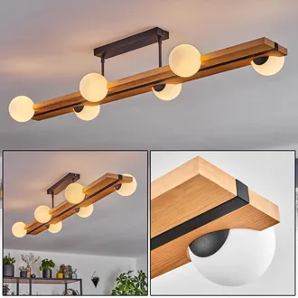 HOFSTEIN Deckenleuchte Chehalis, Deckenlampe aus Metall/Holz/Glas in Schwarz/Natur/Weiß, Leuchte im Retro/Vintage-Design mit Glasschirmen (Ø 10cm) und Holzbalk