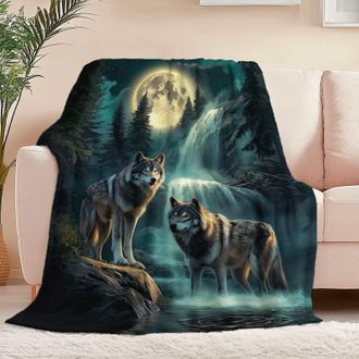 Generic Decke Weich Flanell Plüsch Fleece Wohndecke Natur Tier Wolf Mond Muster Überwurf, Leichte Gemütliche Plüschdecke Dunkelblau für Schlafzimmer Wohnzimme