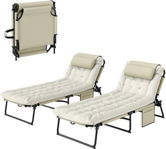 OUTSUNNY Lot de 2 transats - Outsunny - pliable - dossier inclinable 4 positions - appui-t&ecirc;te et matelas &eacute;pais - textil&egrave;ne, acier - beige