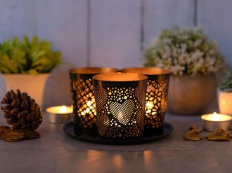 Casamia Kerzenhalter Kreta 3er Set Kerzenständer Teelichthalter schwarz Gold