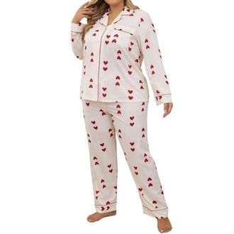 Generic Pyjama Femme Coton Ensembles Deux Pi&egrave;ces Pjs Coton Mi Saison Homewear Womens Grande Taille Chic Set Pyjamas Manches Longues Boutonne Haut Pantalon Vet