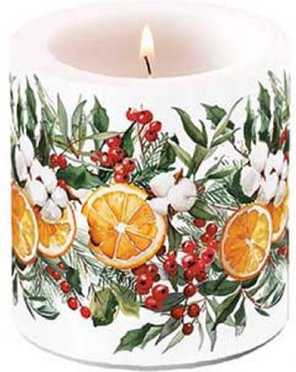 Ambiente Stumpenkerze Paraffin 7,5x9cm mit Orangen & Beeren Motiv - 35h Brenndauer & duftneutral - Tischkerze Blockkerze Zylinderkerze - Kerzendeko Weihnachten