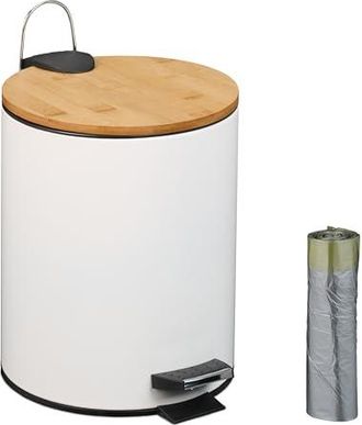 Relaxdays Kosmetikeimer 5 L, Absenkautomatik, Inneneimer entnehmbar, Badmülleimer, Metall, Bambus, mit Müllbeuteln, weiß