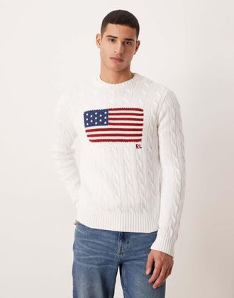 Polo Ralph Lauren Team USA - Baumwoll-Strickpullover in Wei&szlig; mit Flaggenlogo auf der Brust und Zopfmuster
