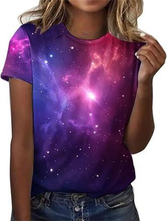 Generic T-shirt pour femme Space Galaxy | T-shirt graphique doux &agrave; col rond et manches courtes, haut d&eacute;t&eacute; l&eacute;ger et d&eacute;contract&eacute; pour les vacances, les festival