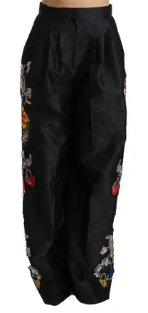 Dolce & Gabbana Womens Black Brocade Floral Sequined Beaded Pants Polyester Silk Nylon