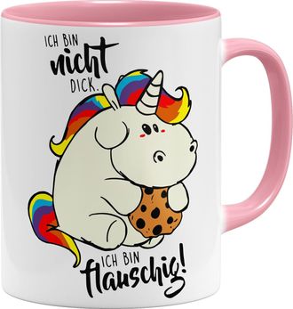 OM3 Lustige Einhorn Kaffee-Tasse mit Spruch - Ich bin nicht dick, ich bin flauschig - dickes Unicorn - Keramik Becher - 325ml - Beidseitig Bedruckt - Rosa