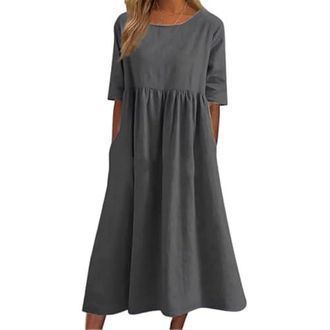Generic Robe longue d&eacute;t&eacute; d&eacute;contract&eacute;e &agrave; manches mi-longues et col rond en lin avec poches pour femme, gris fonc&eacute;, 5XL