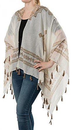 styleBREAKER Poncho dété léger avec Un Motif Ethnique, Glands, Plage, Style Boho, Femmes 08010022, Couleur:Crème