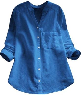 Generic Chemise pour Femmes Coton Lin Grande Taille Loisir Chemisiers Et Blouses &Eacute;t&eacute; Manches Longues &Agrave; Col en V Baggy Tops L&eacute;g&egrave;re Comfy Tuniques &Agrave; La Mode Cot