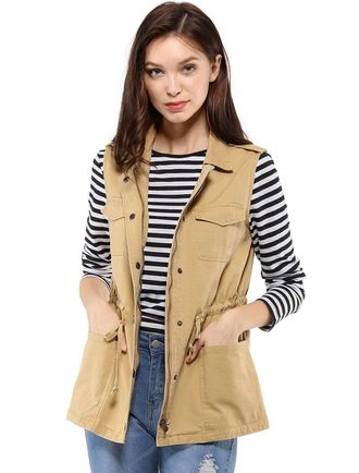 Allegra K Damen &Auml;rmellos Drawstring Knopfleiste Cargo Weste Jacke Khaki XL