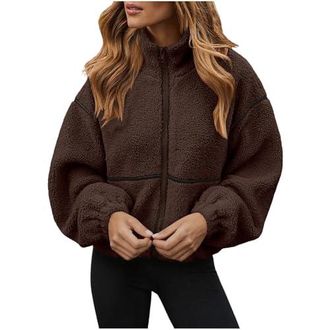 Generic Veste polaire pour femme, veste dhiver surdimensionn&eacute;e &agrave; fermeture &eacute;clair, manteau dhiver d&eacute;contract&eacute; avec poches pour femme, marron, XL