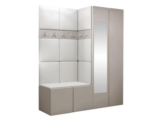 Mirjan24 Garderoben-Set Monati XII, Kleiderschrank mit Spiegel, Schuhschrank, 2X Kleiderhakenbrett, Gepolstertes Paneel/Wandpaneel, 6 Doppelhaken, Flurgarderob