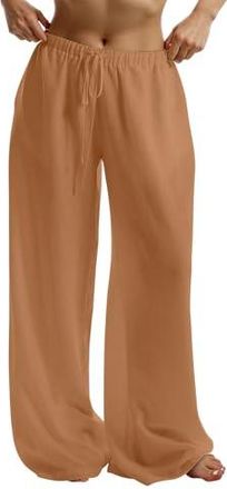 Generic Pantalon &agrave; jambe large pour femme, pantalon en lin pour femme, pantalon d&eacute;contract&eacute; avec cordon de serrage, taille &eacute;lastique, pantalon long l&eacute;ger de c