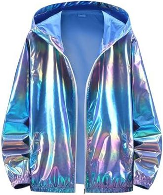 Generico Veste métallique argentée pour homme Costume de carnaval Disco Bomber Blazer avec paillettes métalliques Vêtements de nuit ajustés Coupe slim Casual S