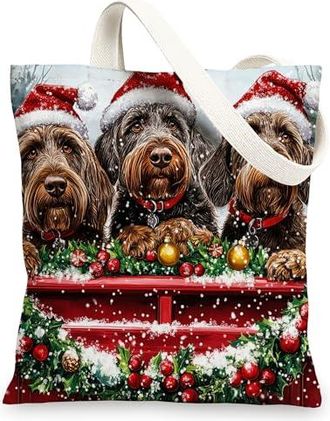 Generic Sac fourre-tout en toile de No&euml;l avec pointeur allemand pour le shopping, 33 x 38,1 cm, sac d&eacute;picerie r&eacute;utilisable pour femme, peinture de chien, d&eacute;co