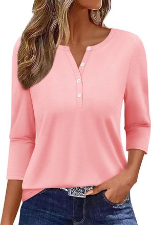 Onsoyours Shirt Damen 3/4 Arm Tshirt V-Ausschnitt Knopfleiste Pullover Sommer Herbst Oberteil Einfarbig Tops Basic Shirt A Rosa XXL