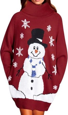 Pink Queen Robe pull femme oversize en grosse maille avec col roul&eacute; pour No&euml;l, Rubis, XL