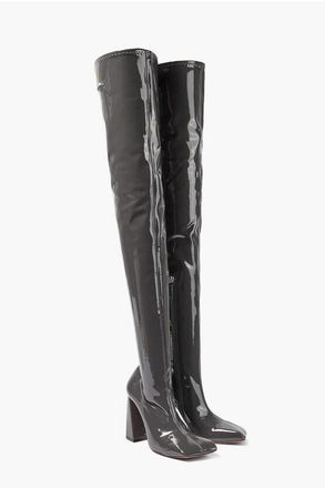 Amina Muaddi Patent Over-the-Knee Boots MARINE with 11cm Square Toe size 37,5