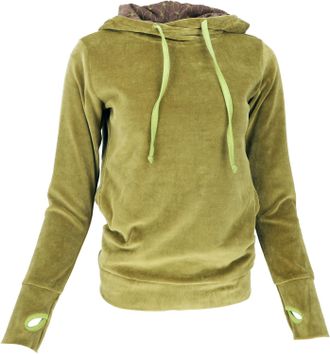 Guru Shop Nicki-Kapuzenpullover, Weicher Hoodie, Boho Samt Sweatshirt - Gr&uuml;n, Damen, Baumwolle, Size:M