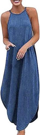 Onsoyours Robe Longue Été Chic Femme Robe Maxi Élégante Robe Soirée Asymétrique Robe Tunique Boho Bretelles Robe Tunique Grand Taille X 02 Bleu 40