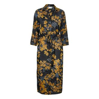 Kaffe Kaffe Damen Womens Shirt Dress Printed Maxi Length Long Sleeves V-Neck Regular Fit Kleid, Black deep, 46