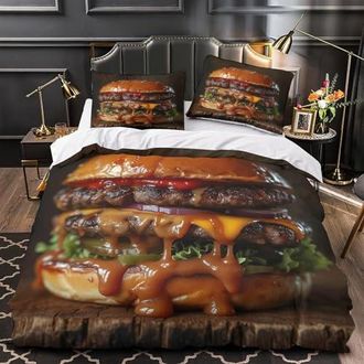 Generic Housse de Couette 220x240 Hamburger Parure de Lit Nourriture Délicieuse 3D Ultra Doux Respirante Microfibre Housse Couette 2 Personnes avec Fermeture 