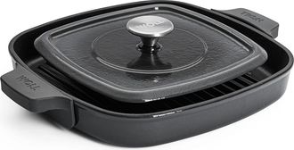 Woll Iron Grillpfanne viereckig mit Rillen, inkl. Steakpresse und Silikongriffen - Induktiv -, 28 x 28 cm, 4,5 cm hoch - Geeignet für alle Herdarten, Eisen