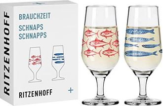 Ritzenhoff 3871002 Schnaps-Glas 40 ml 2er Set - Serie Brauchzeit Nr. 3 + 4 - Fisch-Motiv - rund, Rot und Blau - Made in Germany
