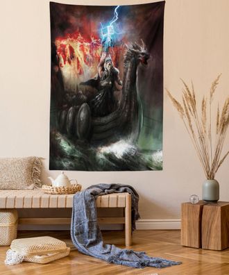 Abakuhaus Fantasie Wandteppich und Tagesdecke, Thunder Storm Vikings aus Weiches Mikrofaser Stoff Waschbar ohne Verblassen Digitaldruck, 140 x 230 cm, Orange Gr