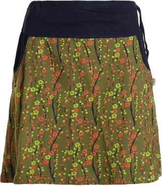 vishes Alternative Bekleidung - Damen Mini-Rock Baumwolle Blumen-Muster Kordelzug-Bund mit Taschen Olive 40