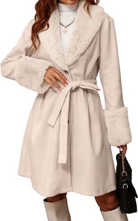 Generic Long Trench Coats for Women Fashion Fall Winter Coat Elegant Notched Lapel Single Breasted Trench Coat with Faux Apricot Medium